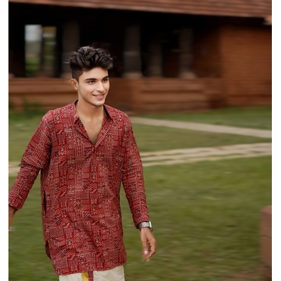 Boy's Red Ajrakh Cotton Short Kurta