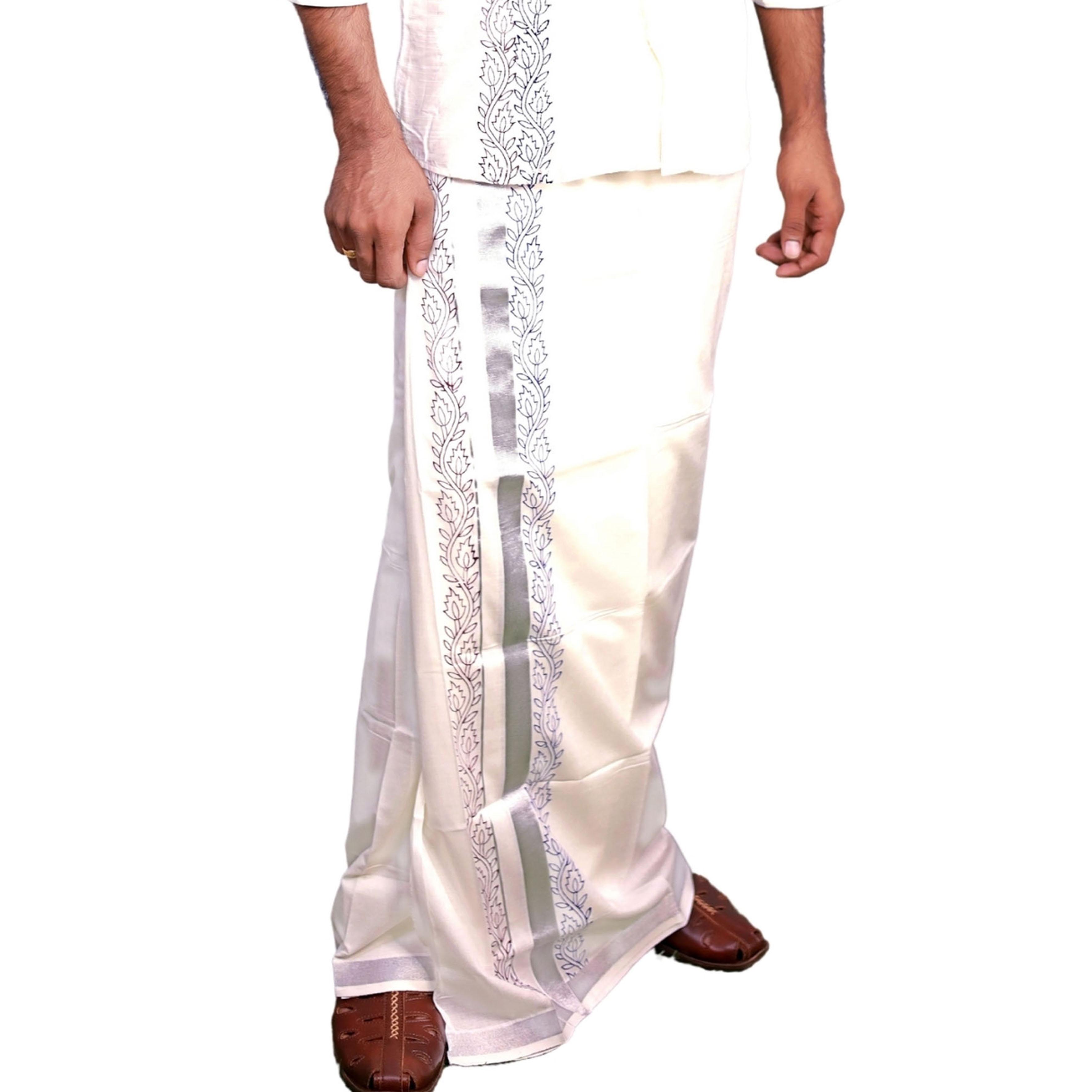 Onam Special Block Printed Kasavu Double Dhoti for Men