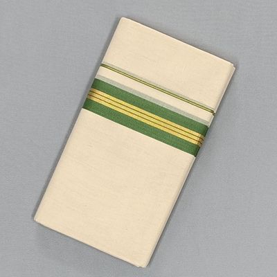 Mens Cream Double Dhoti With Golden Lines In Green Kara