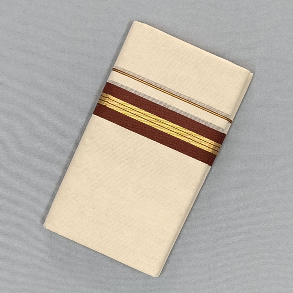 Mens Cream Double Dhoti With Golden Lines And Brown Kara