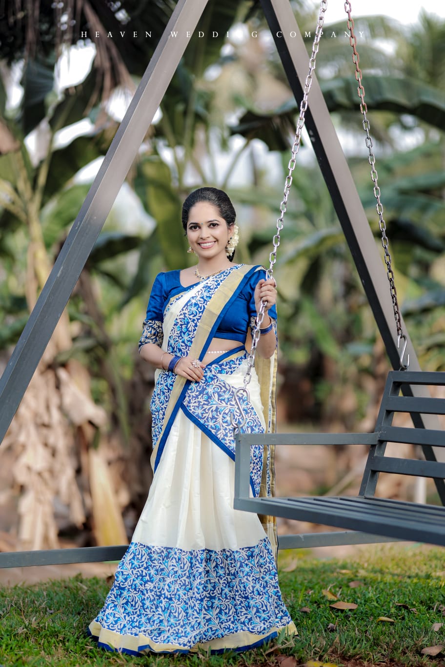 Block Printed Cotton Kasavu Dhavani Set