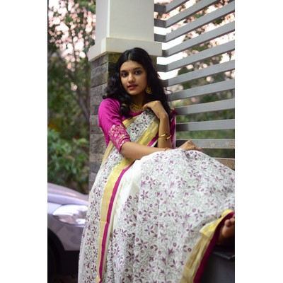 Kasavu Davani Material With Hand Block Prints