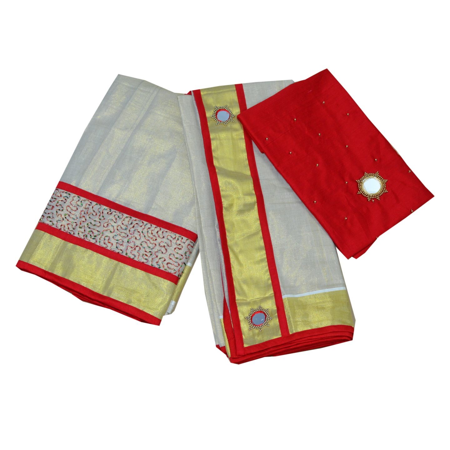Red Color Tissue Davani/ Half Saree With Bead And Mirror Work