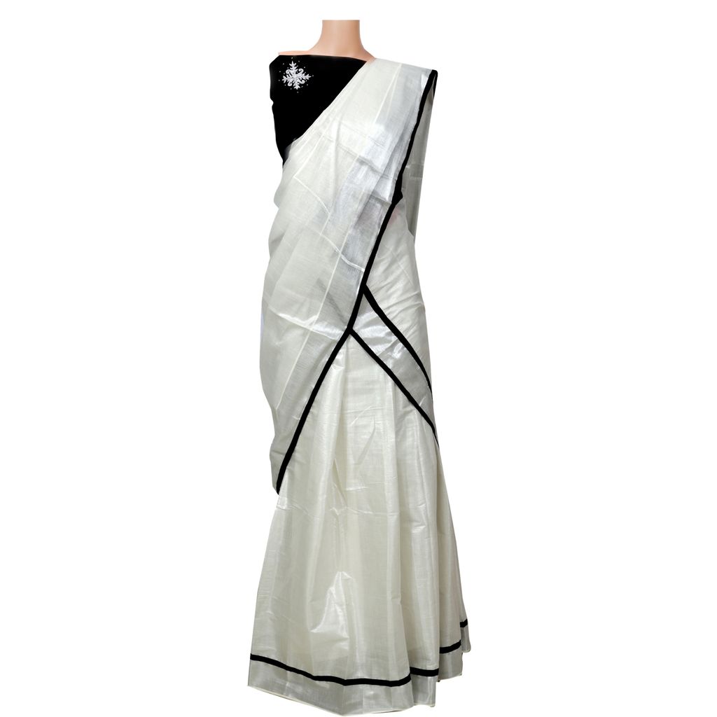 Traditional Half Saree Kerala Style With Bead Work Embroidery Blouse
