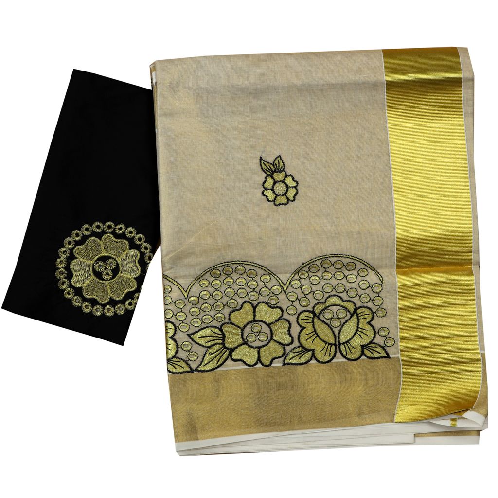Golden Tissue Kerala Saree With Black Embroidery