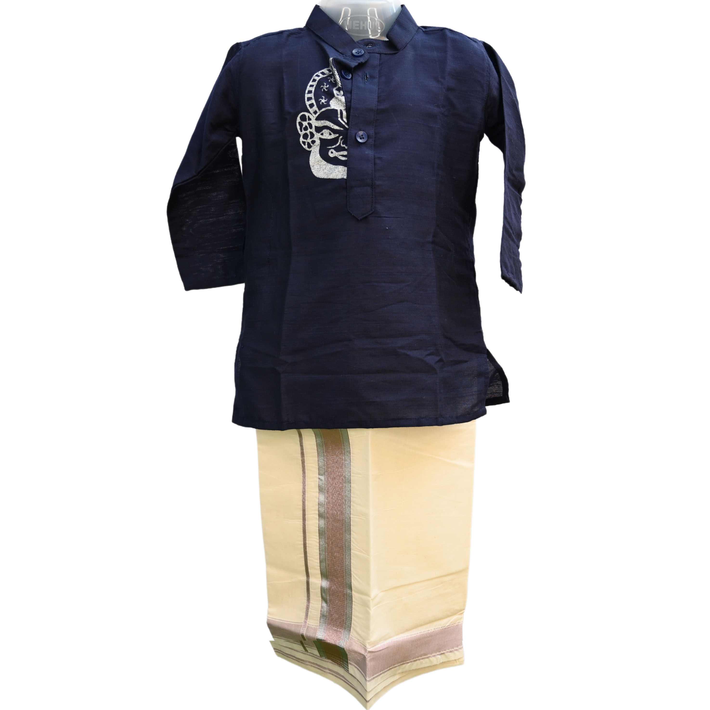 Kids Velcro Dhoti With Rose Gold Striped Border