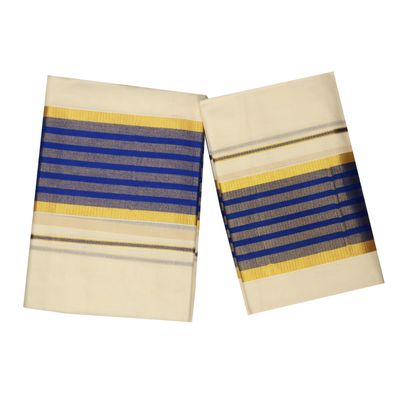 Traditional Set Mundu With Blue And Golden Kara