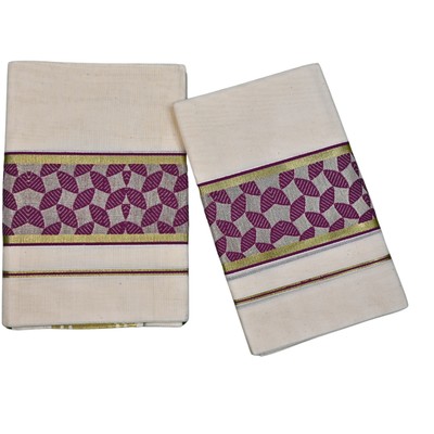 Traditional Set Mundu With Purple Design