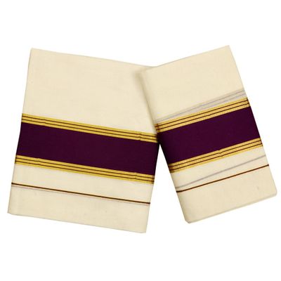 Cotton Set Mundu With Purple And Golden Kara