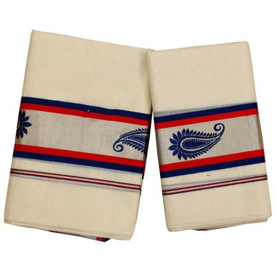 Set Mundu With Mural Printed Silver Kara With Fancy Color Stripes