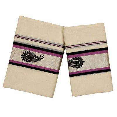 Set Mundu With Mural Printed Silver Kara With Fancy Color Stripes
