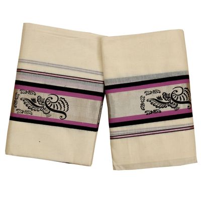 Set Mundu With Mural Printed Silver Kara With Fancy Color Stripes