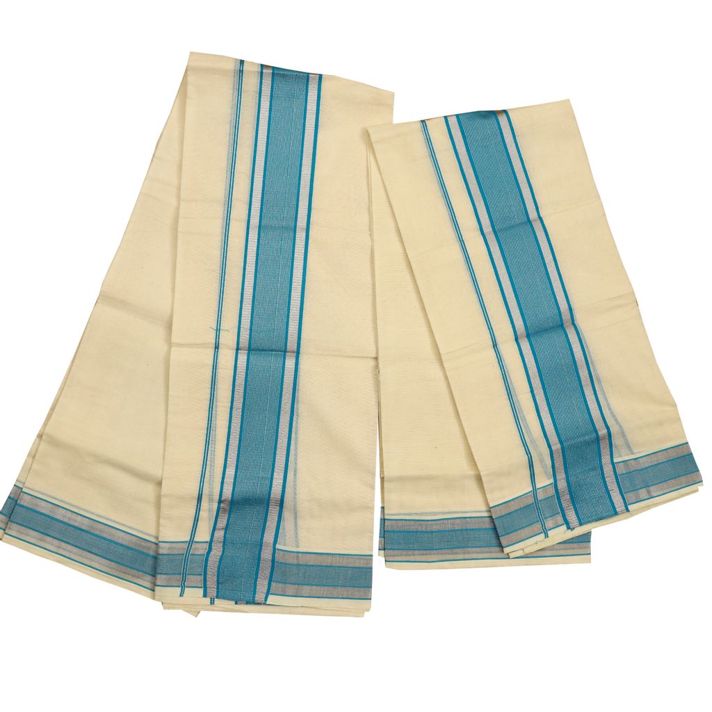 Broad Blue Kara Cotton Set Mundu With Silver Stripes
