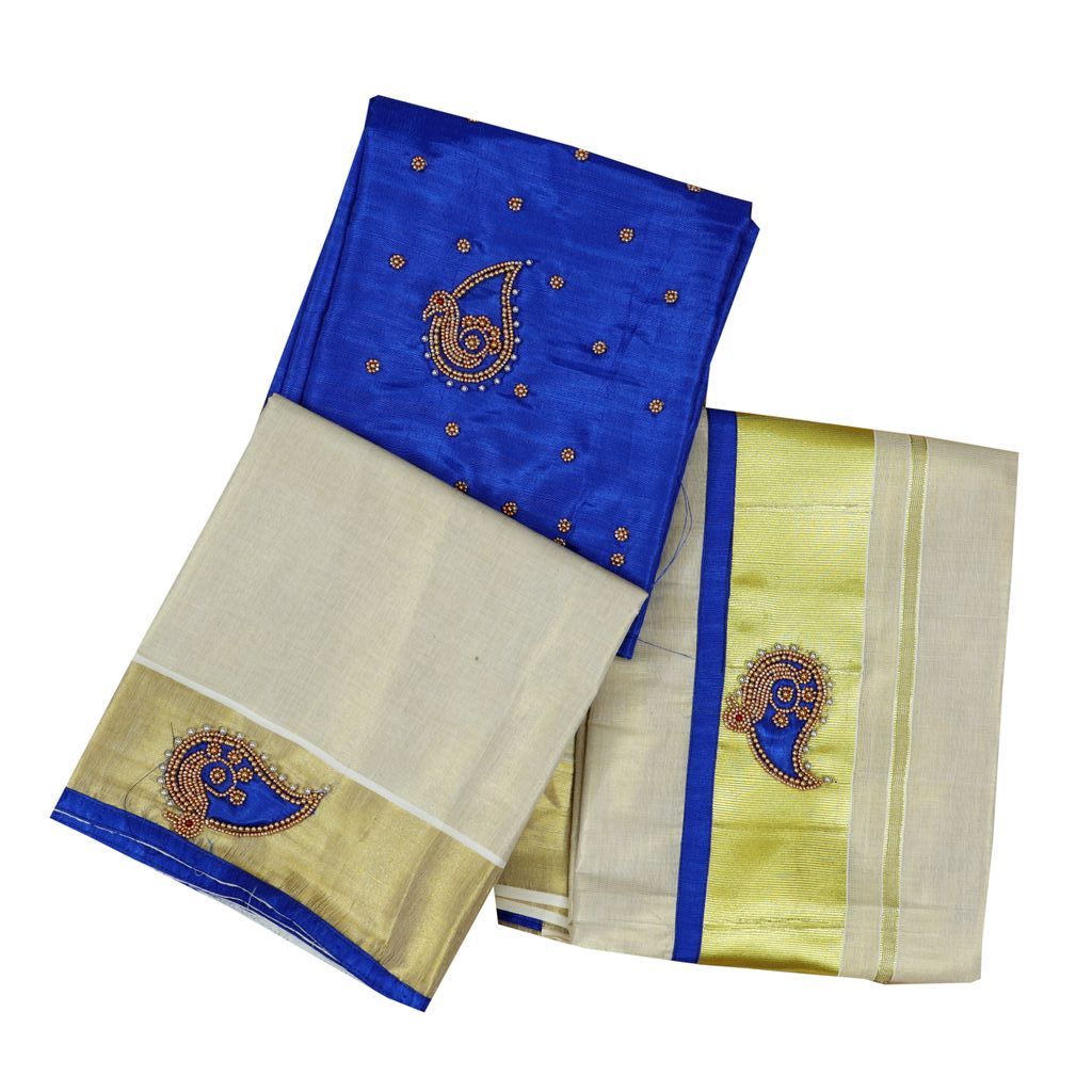 Tissue Cotton Set Mundu With Hand Work Embroidery