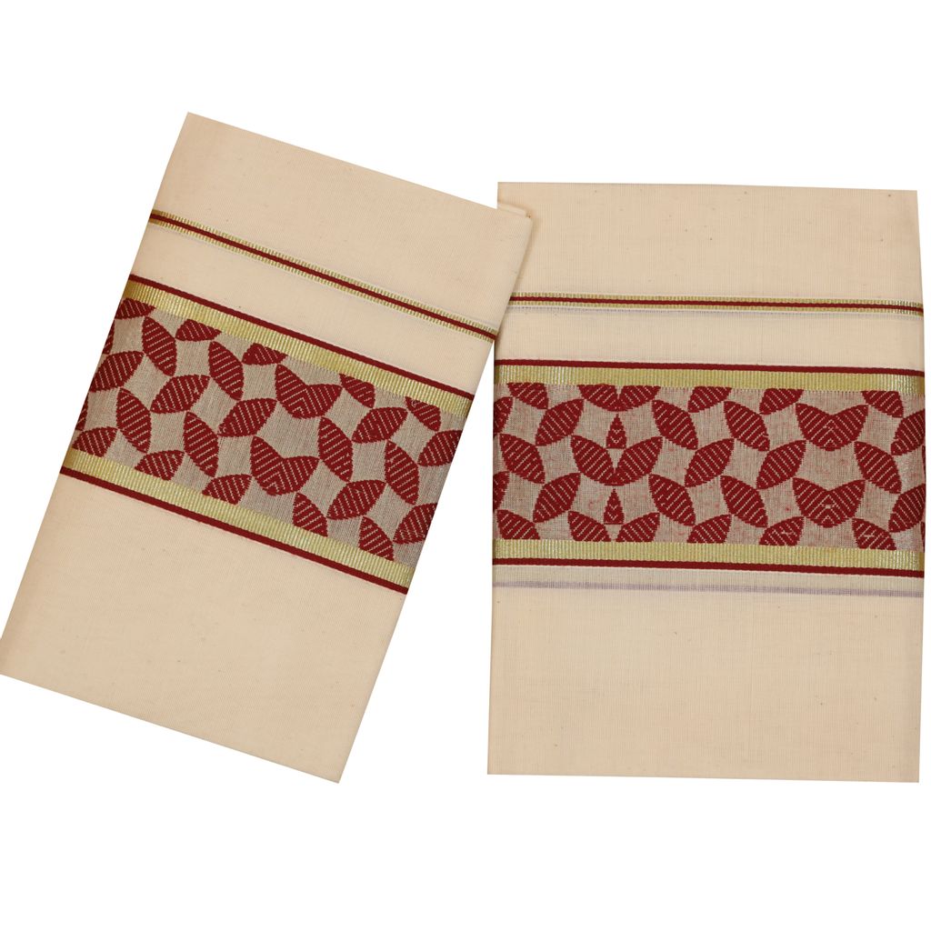 Traditional Set Mundu With Maroon Design