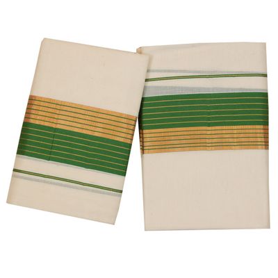 Traditional Set Mundu With Green And Golden Design