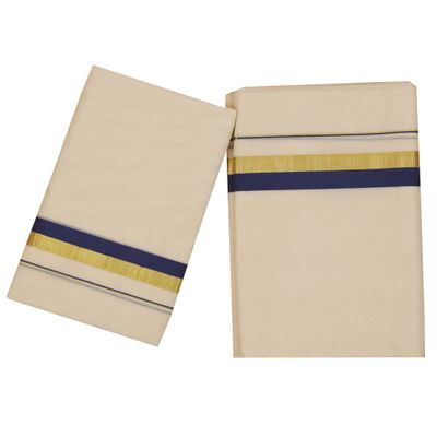 Traditional Set Mundu With Blue And Golden Kara