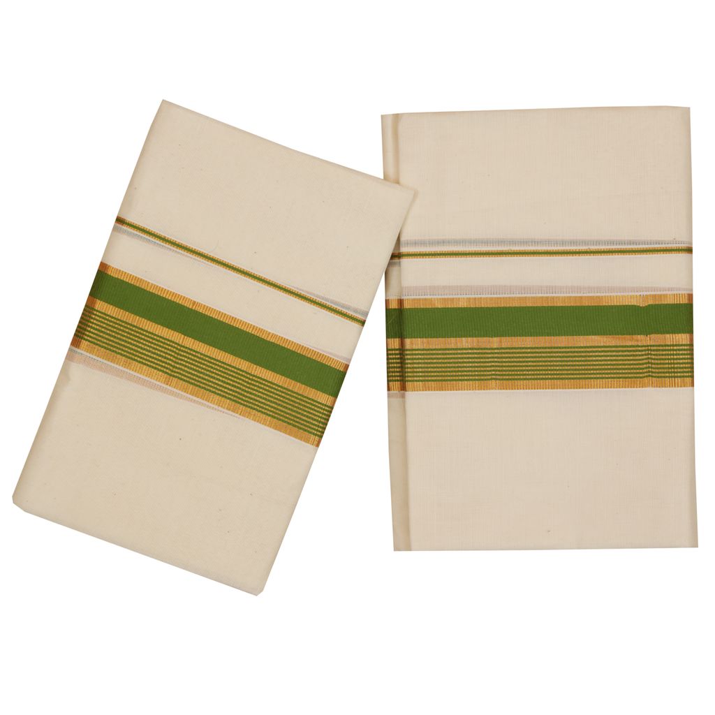 Traditional Set Mundu With Green And Golden Kara