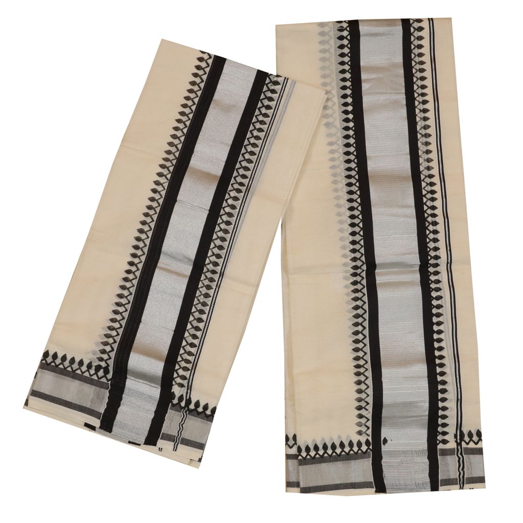 Traditional Set Mundu With Silver And Black Print