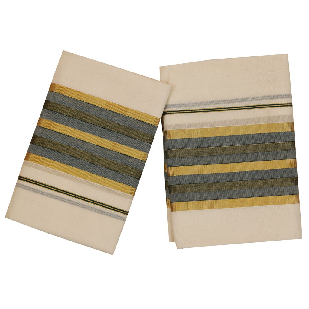 Traditional Set Mundu With Dark Green And Golden Kara