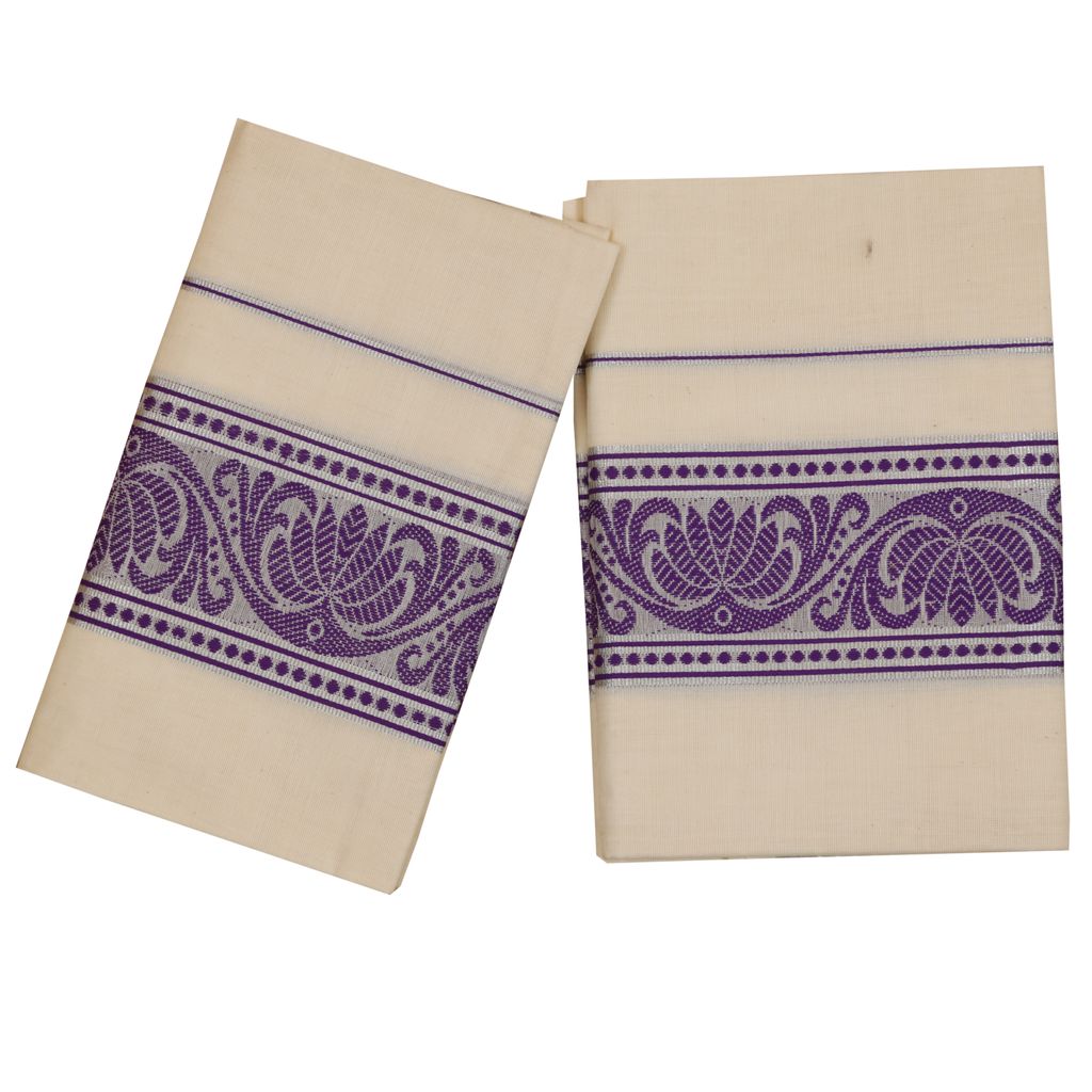 Traditional Set Mundu With Special Violet Lotus Design
