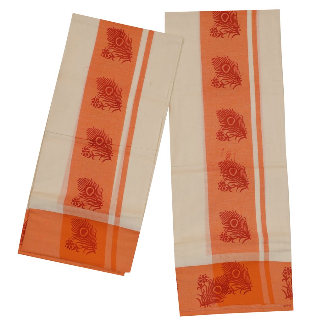 Mulloth Set Mundu With Orange Mayilpeeli Design
