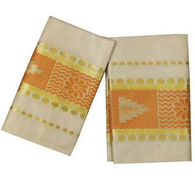 Golden Tissue Set Mundu With Orange Design