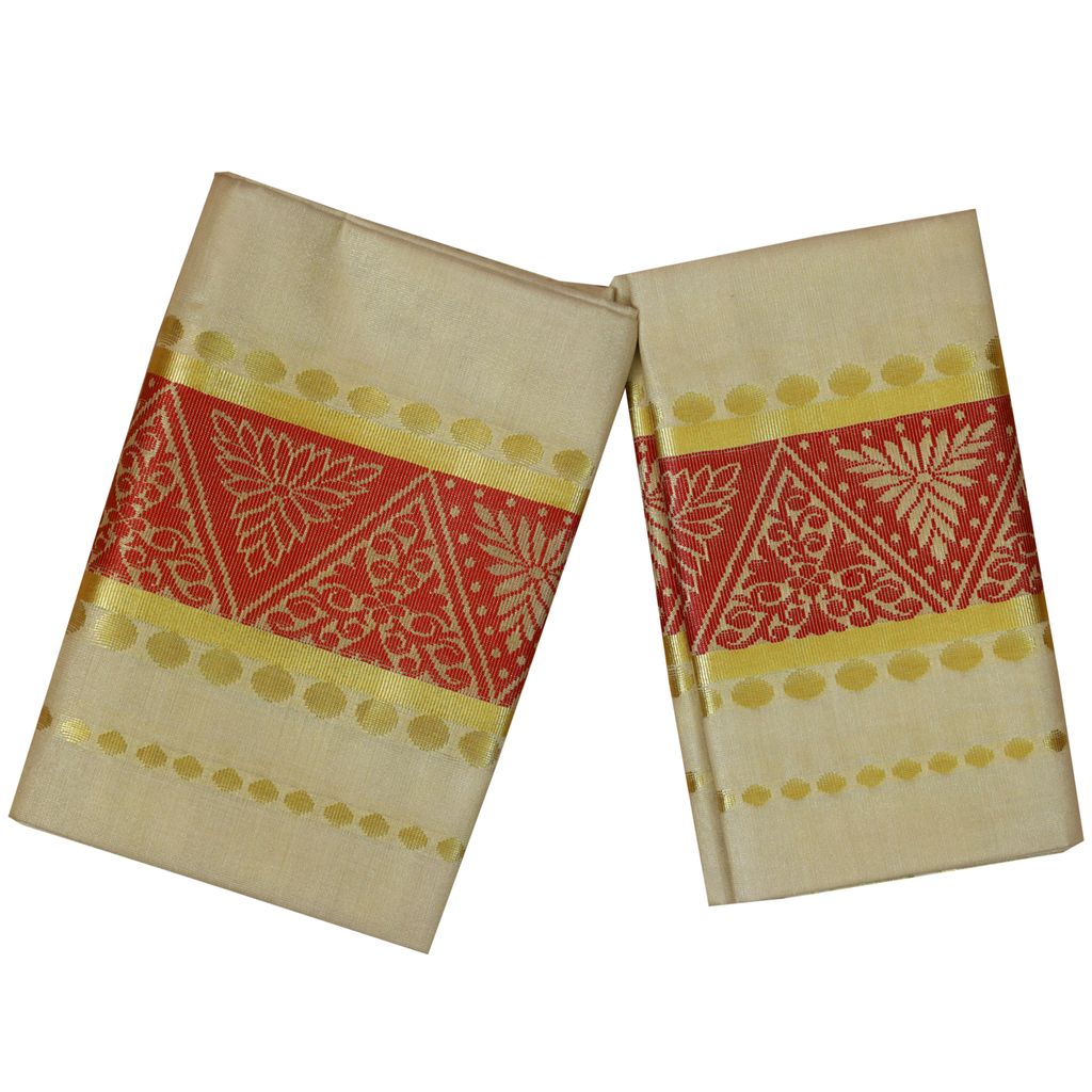 Golden Tissue Set Mundu With Orange Design
