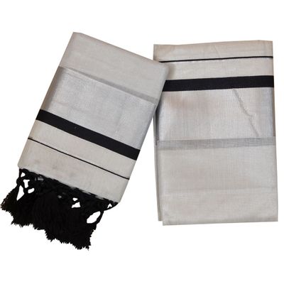 Silver Tissue Set Mundu With Black Kara