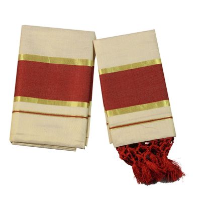 Tissue Set Mundu With Colour Woven Border