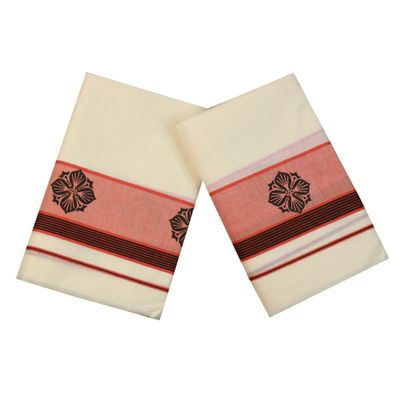 Mulloth Kara Set Mundu With Floral Block Print Border